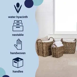 HAPPIMESS Clara Farmhouse Classic Handwoven Hyacinth Rectangle Storage Floor Baskets With Handles