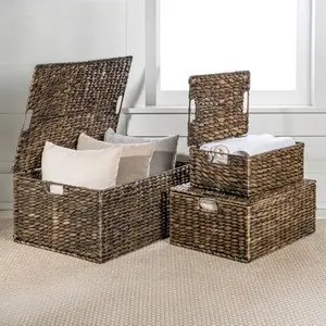 HAPPIMESS Brooks Classic Farmhouse Woven Hyacinth Rectangular Storage Baskets With Lids And Handles - Brown