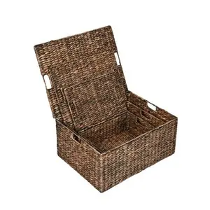 HAPPIMESS Brooks Classic Farmhouse Woven Hyacinth Rectangular Storage Baskets With Lids And Handles - Brown