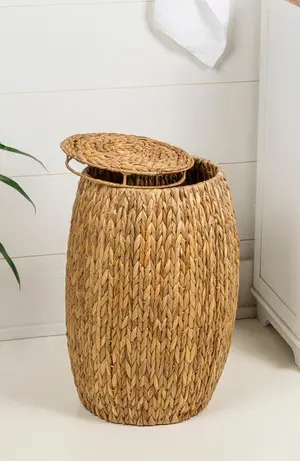 HAPPIMESS Colt Coastal Bohemian Handwoven Hyacinth Barrel Storage Stool With Lid