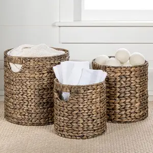 HAPPIMESS Avery Bohemian Cottage Handwoven Hyacinth Cylinder Nesting Baskets With Handles
