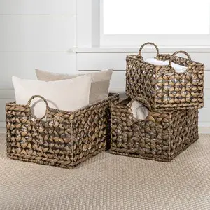 HAPPIMESS Quinn Bohemian Cottage Woven Hyacinth Rectangular Storage Baskets With Handles - Brown