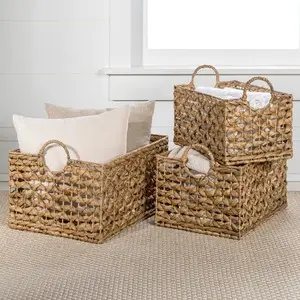 HAPPIMESS Quinn Bohemian Cottage Woven Hyacinth Rectangular Storage Baskets With Handles - Natural