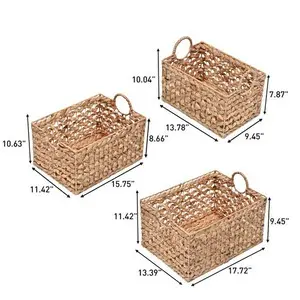 HAPPIMESS Quinn Bohemian Cottage Woven Hyacinth Rectangular Storage Baskets With Handles - Natural