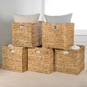 HAPPIMESS Bryce Classic Farmhouse Handwoven Hyacinth Collapsible Storage Cube Baskets With Handles - Natural