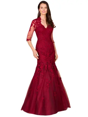 LARA NEW YORK Long Sleeve Mermaid Gown - Dark Red