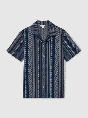 REISS Archer Aztec-stripe Cuban-collar Shirt