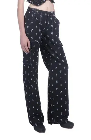 Anna Sui Denim Embroidered Roses Cargo Pant