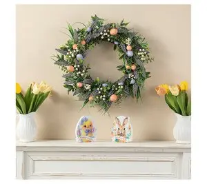 NEARLY NATURAL Glitzhome 22'd Easter Eggs And Lavender Wreath - One-color