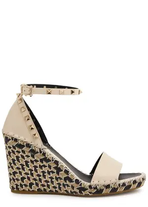 Valentino Garavani Rockstud 100 Leather Wedge Espadrilles - Ivory