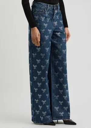 SELF-PORTRAIT Bow-embellished Wide-leg Jeans