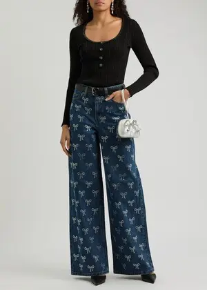 SELF-PORTRAIT Bow-embellished Wide-leg Jeans
