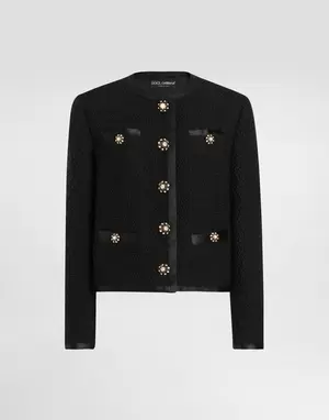 Dolce & Gabbana Cropped Bouclé Tweed Jacket With Bejeweled Buttons - Black