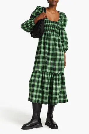 GANNI Checked Cotton-blend Seersucker Midi Dress - Green