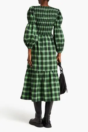 GANNI Checked Cotton-blend Seersucker Midi Dress - Green