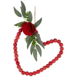 NORTHLIGHT Wooden Beads With Rose Valentine's Day Heart Wall Decoration10.25" - Red