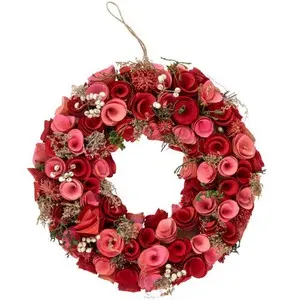 NORTHLIGHT Artificial Valentine's Day Shaved Wood Roses Wreath And Red- 12.25" And Red - Pink