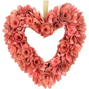 NORTHLIGHT Wooden Floral Heart Valentine's Day Wreath14"salmon - Pink