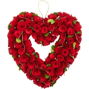 NORTHLIGHT Wooden Roses Floral Artificial Valentine's Day Heart Wreath13.5" - Red