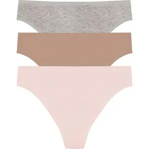 Natori Bliss Bare Cotton Thong 3-pack Lt Grey Heathr/buff/peach Whip
