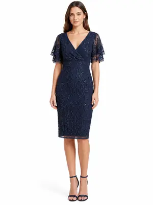 LARA NEW YORK Beaded Midi Dress With Cape Sleeves - Navy