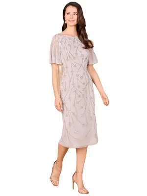 LARA NEW YORK Beaded Cape Sleeve Midi Dress - Silver