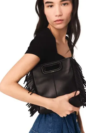 Maje Smooth Leather M Bag With Fringing - Black