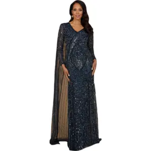 LARA NEW YORK Long Sleeve Beaded Gown With Cape - Navy