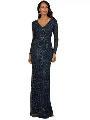 LARA NEW YORK Long Sleeve Beaded Gown - Navy