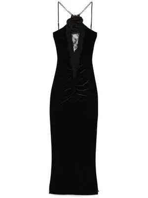 NISSA Floral-appliqué Velvet Midi Dress - Black