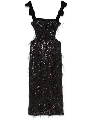 NISSA Feather-detailed Sequined Midi Dress - Black