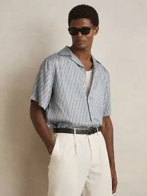 REISS Relic Monogram-print Cuban-collar Shirt