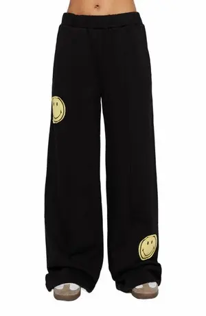 SAMII RYAN Smiley Face Wide Leg Sweatpants - Black