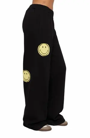 SAMII RYAN Smiley Face Wide Leg Sweatpants - Black