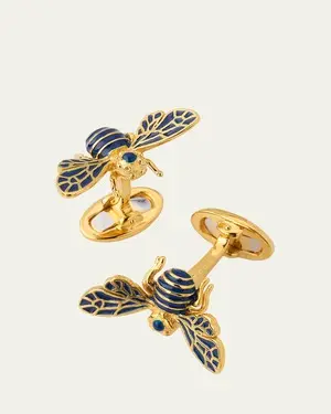 JAN LESLIE 18k Gold Vermeil And Enamel Bee Cufflinks - Blue