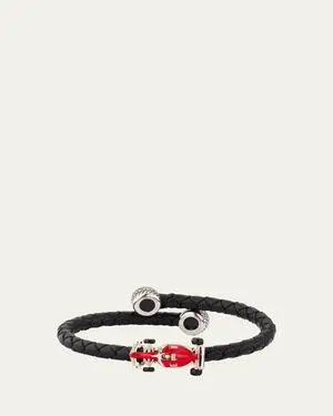 JAN LESLIE Braided Leather Bracelet With Enamel Race Car - Black