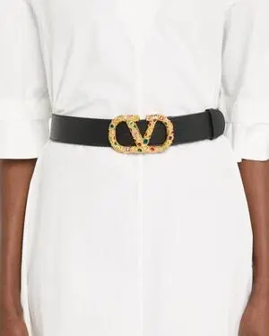 Valentino Garavani Vlogo Signature Embellished Leather Belt - Black