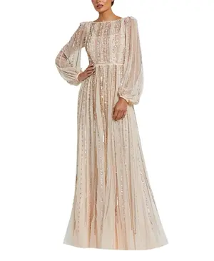 Mac Duggal Boat Neck Long Sleeve Gown With Striped Beading - Peach