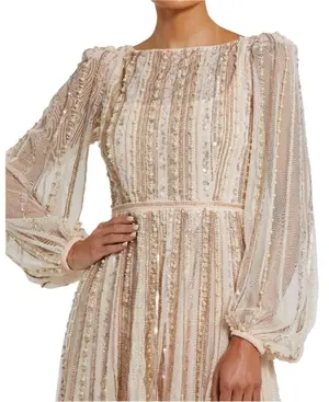 Mac Duggal Boat Neck Long Sleeve Gown With Striped Beading - Peach