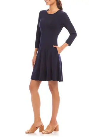 Karen Kane Long Sleeve Fit & Flare Dress - Navy