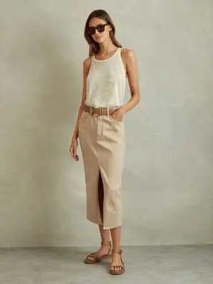 REISS Danica High Rise Denim Midi Skirt