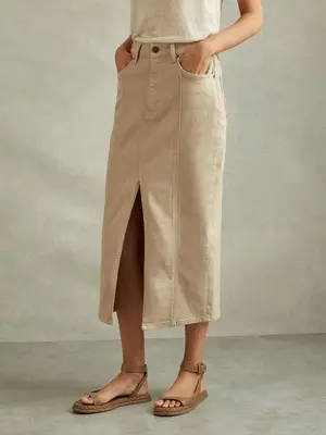 REISS Danica High Rise Denim Midi Skirt