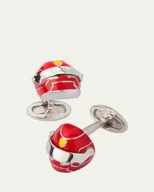JAN LESLIE Race Car Helmet Enamel And Sterling Silver Cufflinks - Red