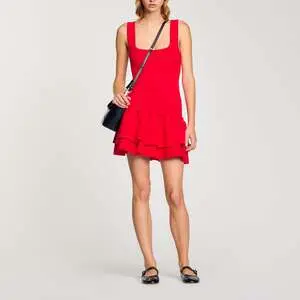Sandro Mini Knit Dress With Ruffles - Red