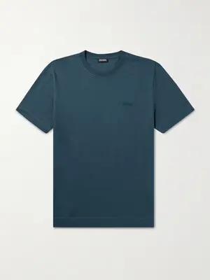 Zegna Slim-fit Logo-embroidered Cotton-jersey T-shirt - Blue