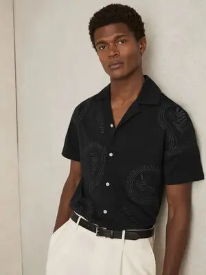 REISS Stockwell Cotton Paisley-embroidered Shirt - Black