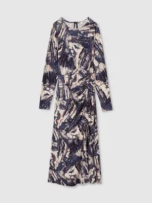 REISS Riyo Printed Midi Dress - Navy/neutral