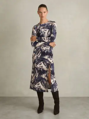 REISS Riyo Printed Midi Dress - Navy/neutral