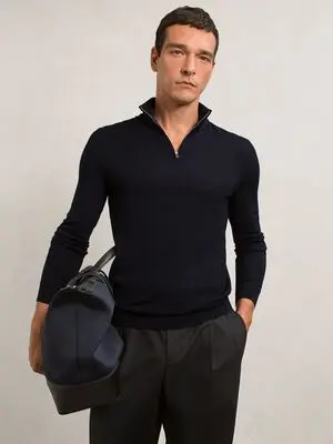 REISS Blackhall Merino Wool Half-zip Funnel Neck Jumper - Navy