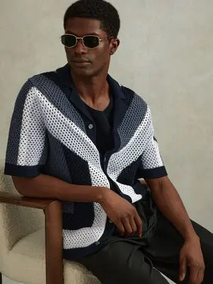 REISS Panko Cotton Blend Crochet Cuban Collar Shirt - Navy Multi